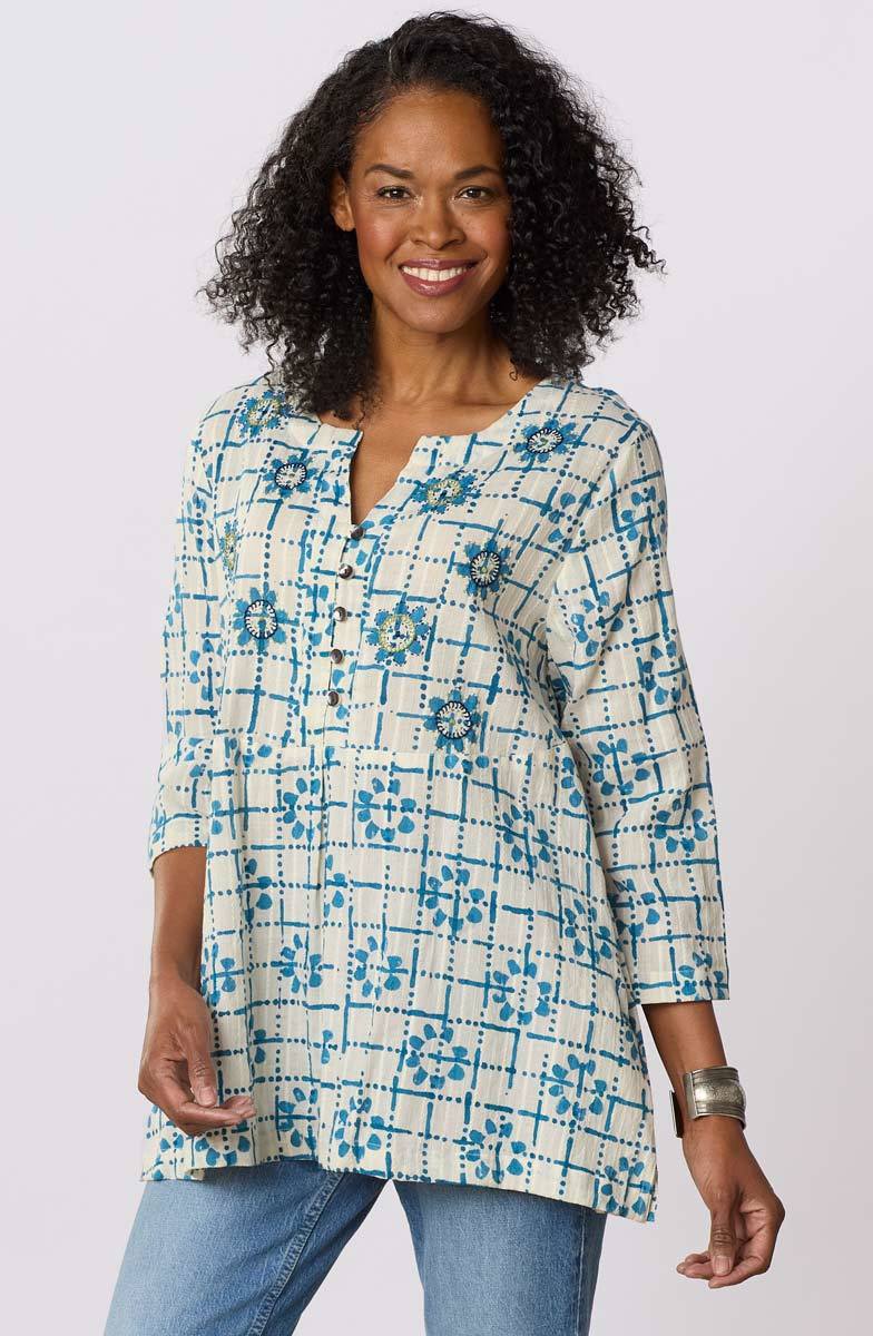 Naseera 3/4-Sleeve Notch-Neck Top - White/Blue Block Print ...
