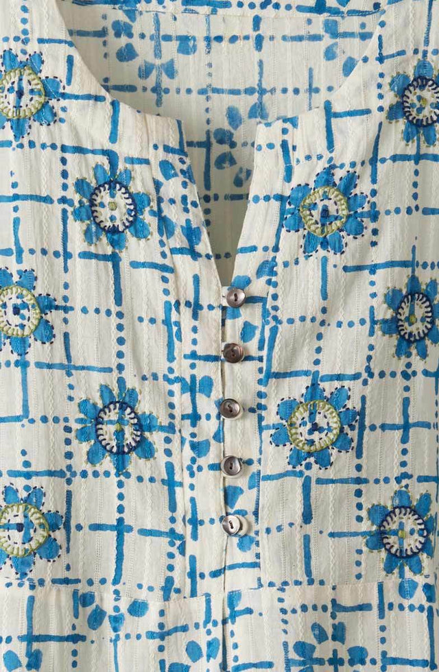 Naseera 3/4-Sleeve Notch-Neck Top - White/Blue Block Print ...