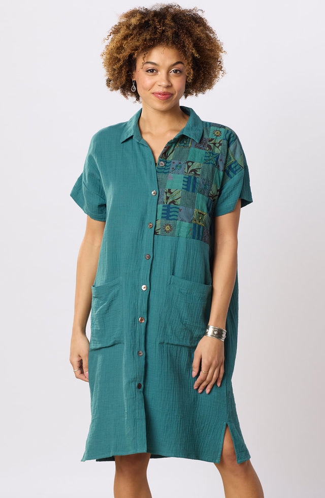 Shireen Upcycled Patchwork Shirt Dress - Dusty teal/Chindi ...