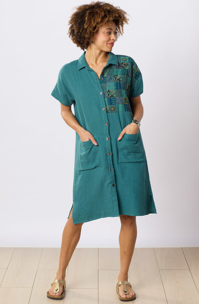 Shireen Upcycled Patchwork Shirt Dress - Dusty teal/Chindi ...