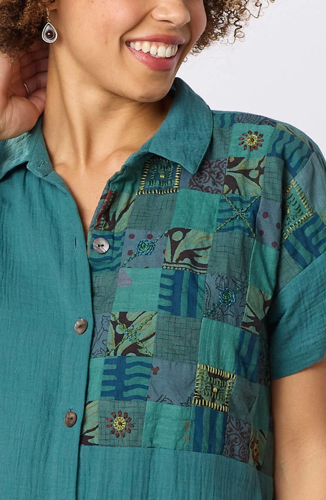Shireen Upcycled Patchwork Shirt Dress - Dusty teal/Chindi ...