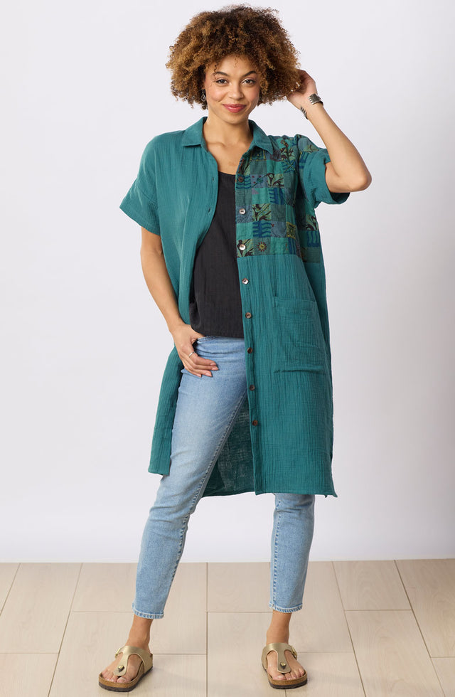 Shireen Upcycled Patchwork Shirt Dress - Dusty teal/Chindi ...